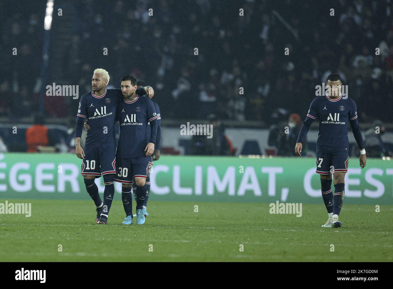 ©Sebastien Muylaert/MAXPPP - Paris 15/02/2022 Neymar Jr, Lionel Messi and Kylian Mbappe of Paris ...