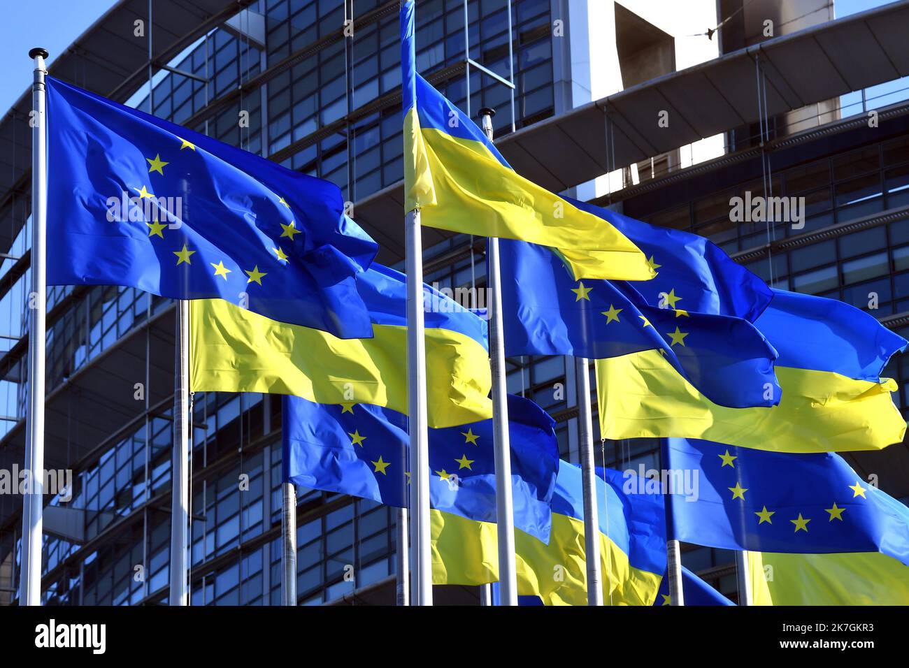 ©PHOTOPQR/DNA/Laurent REA ; Strasbourg ; 07/03/2022 ; Les drapeaux de l ...