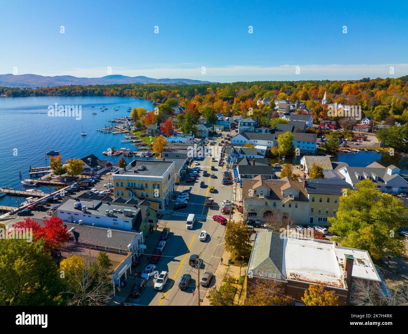 Wolfeboro historic town center at Lake Winnipesaukee aerial view in ...