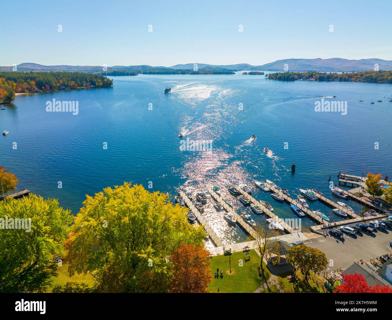 Lake Winnipesaukee aerial view in fall at Wolfeboro historic town center, New Hampshire NH, USA ...