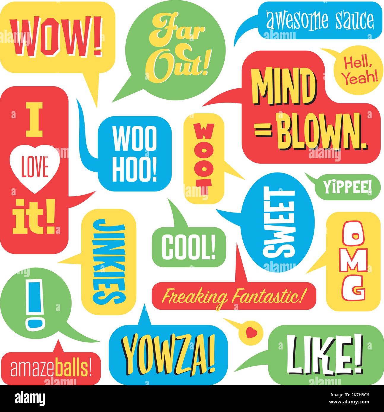 Fun, energetic collage of words expressing excitement, joy and wonder ...
