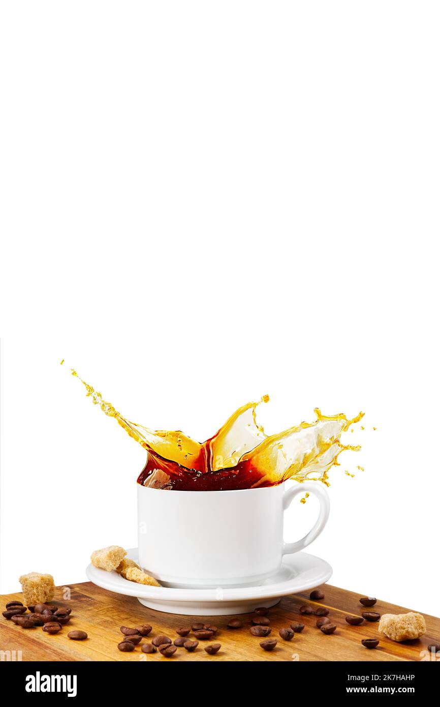 Falling coffee cup. Cup of coffee splashes while falling. Splash in ...