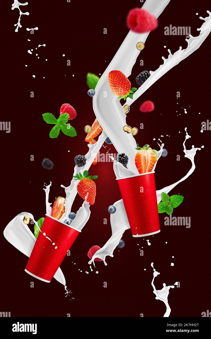 Strawberry milkshake. Paper takeaway cup with strawberry milk splashes ...