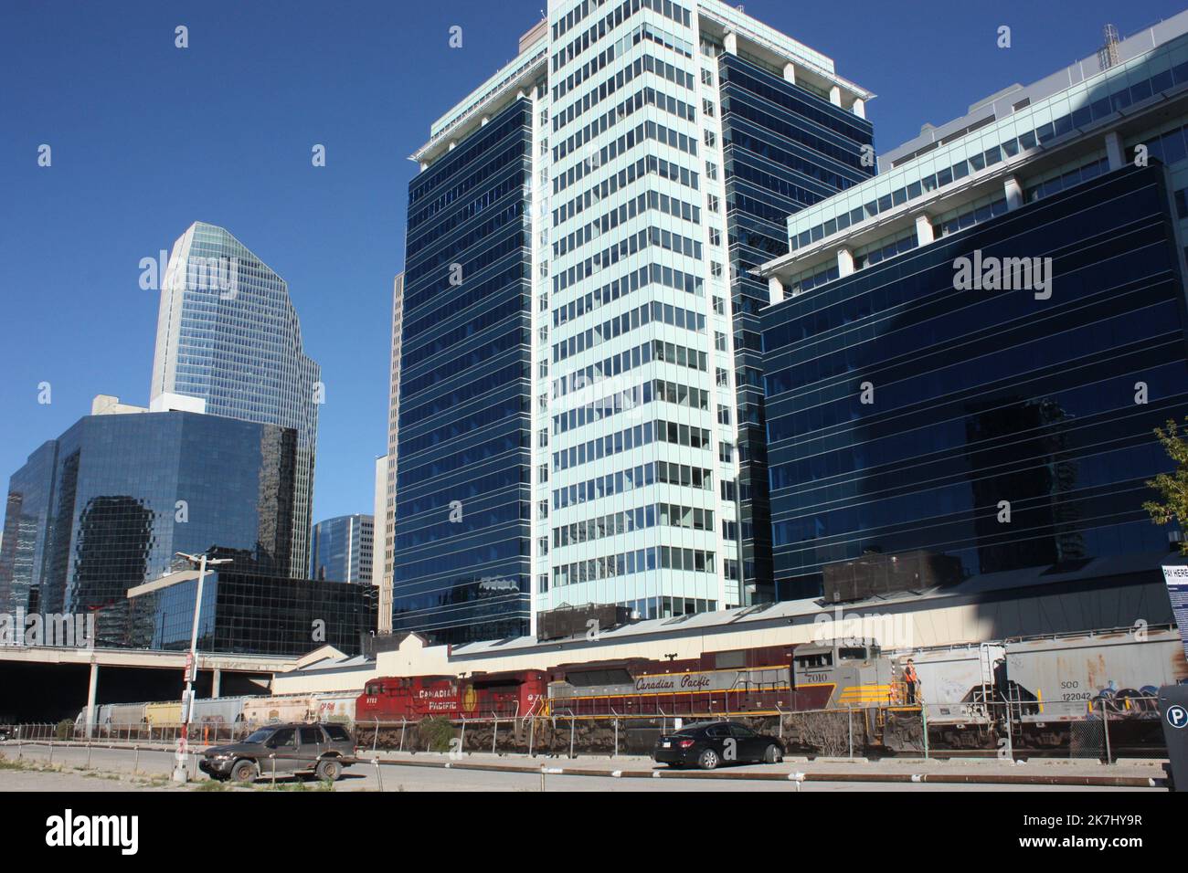High-Rise buildings with rail cars in downtown Calgary, Alberta, Canada ...