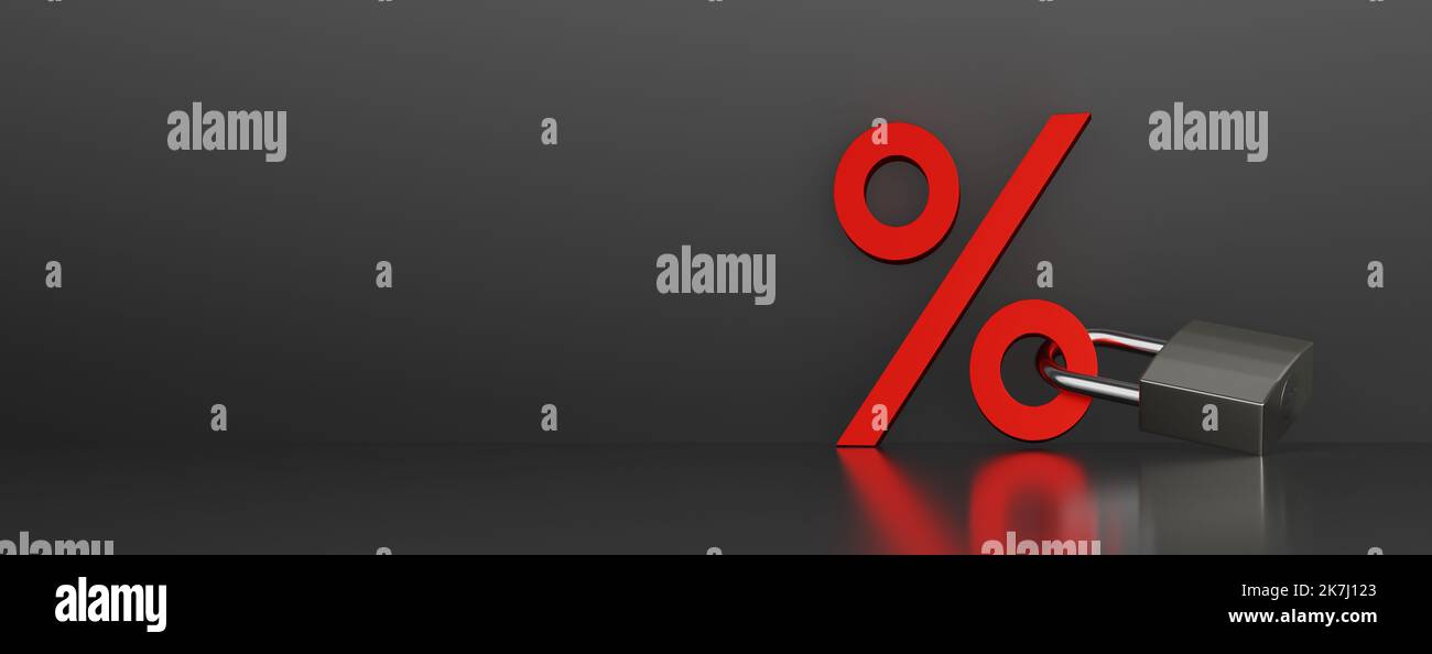 Red percentage symbol icon with lock on black background. Concept for ...