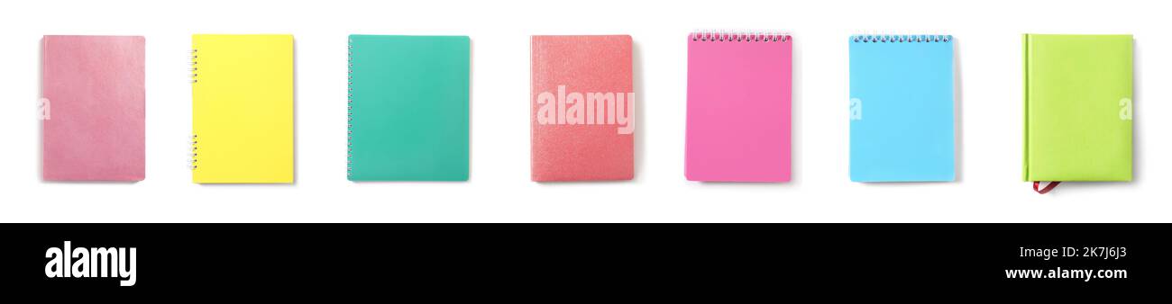 Collage of color notebooks on white background Stock Photo - Alamy