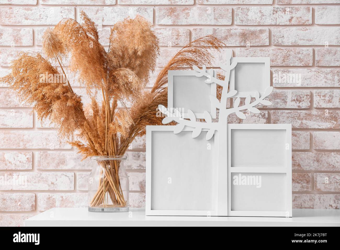 Family tree with photo frames, vase and pampas grass on table near ...