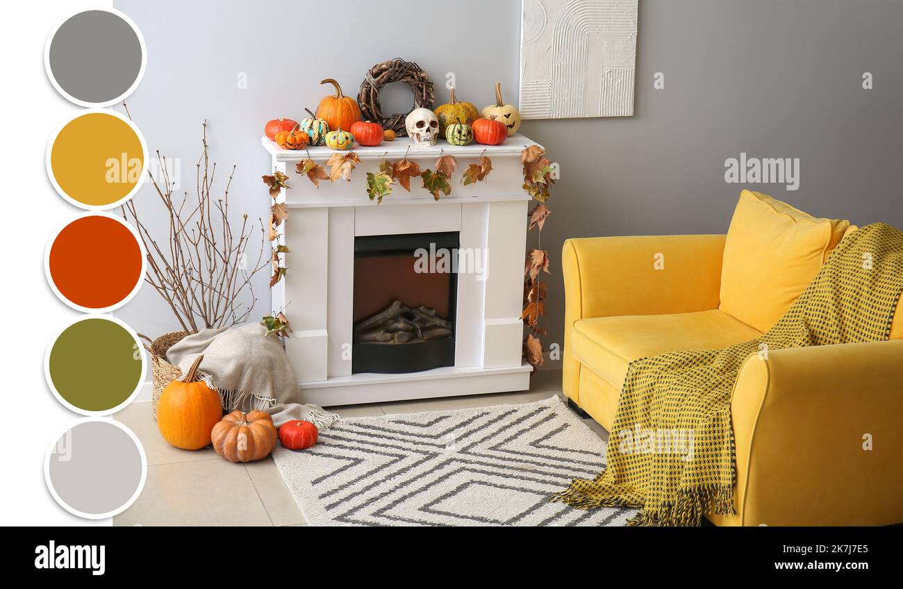 Interior of living room decorated for Halloween party. Different color ...