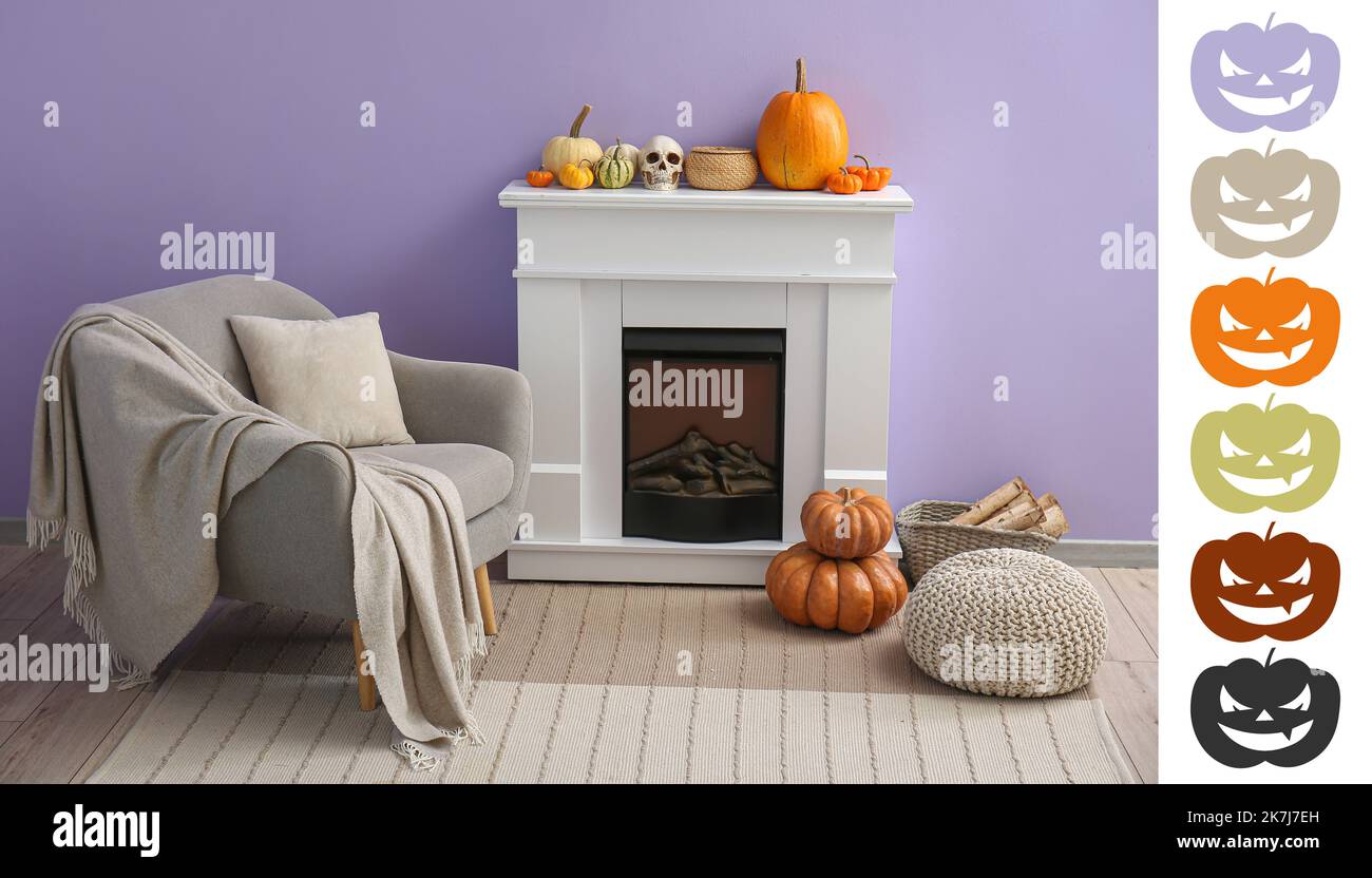 Interior of living room decorated for Halloween. Different color ...