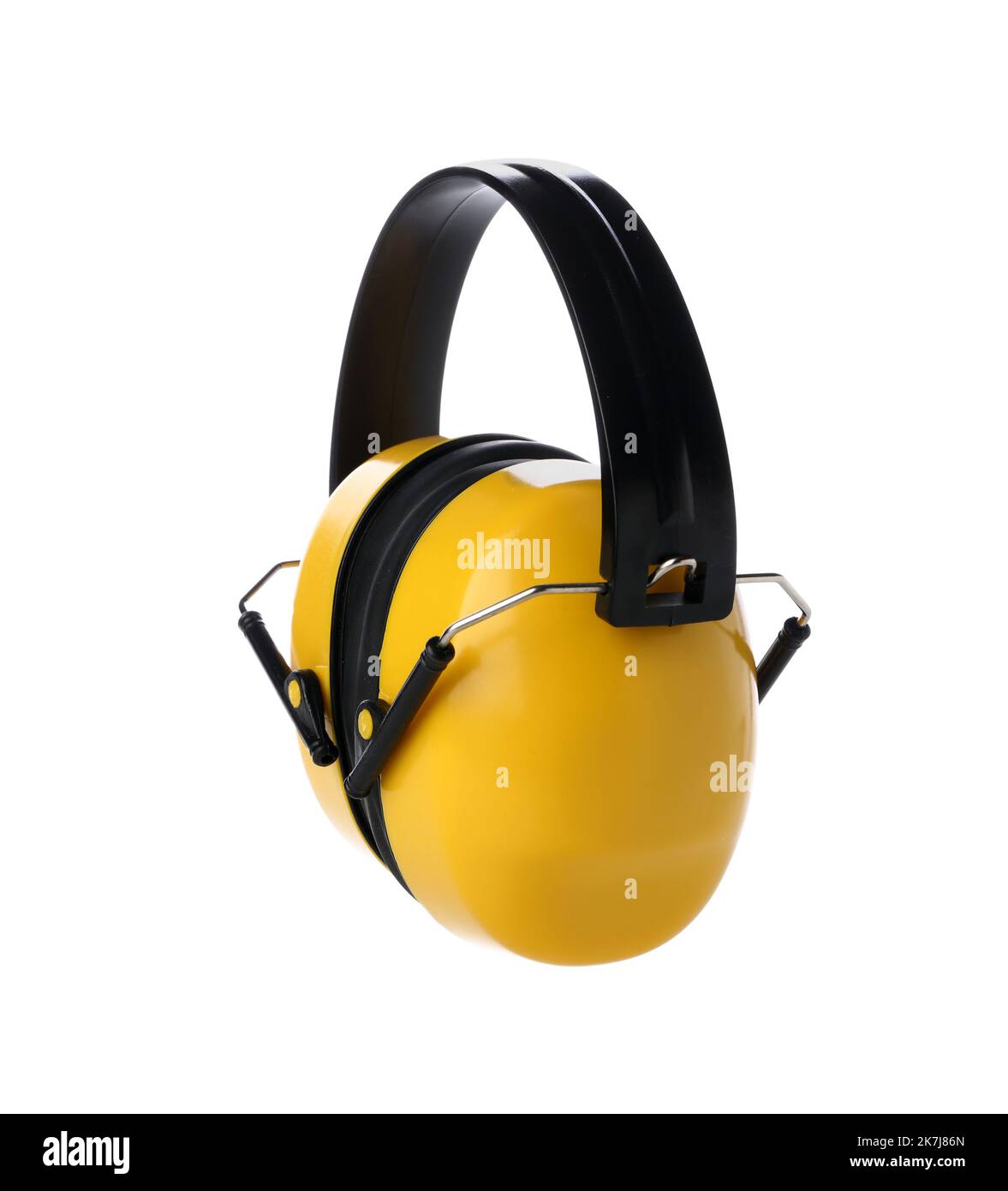 Yellow hearing protectors on white background Stock Photo - Alamy