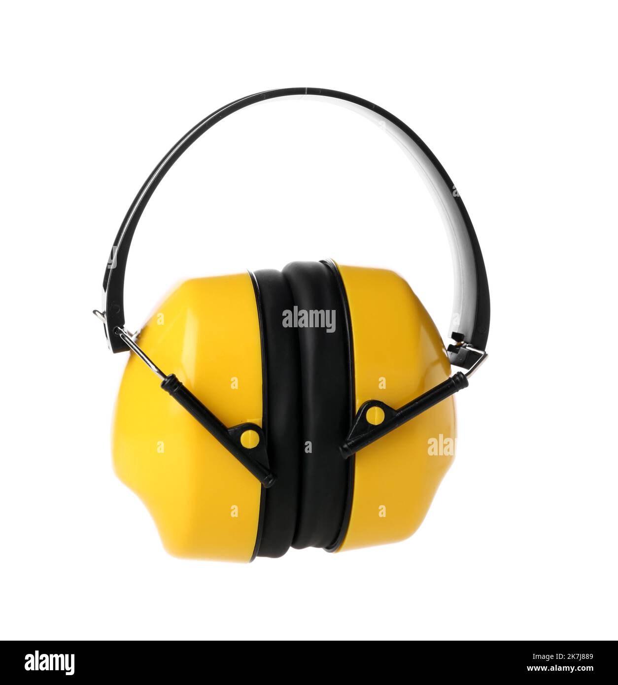 Yellow hearing protectors on white background Stock Photo - Alamy