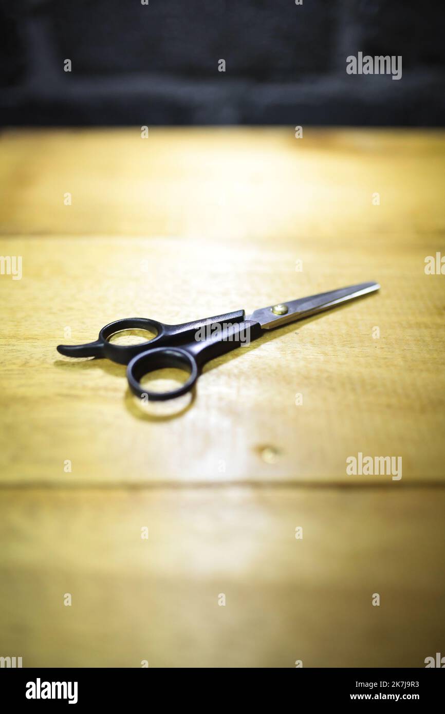 Plastic hair cutting scissors Isolated on wooden Background Stock Photo ...