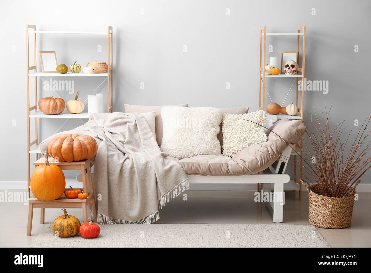 Interior of light living room with couch, Halloween pumpkins and ...