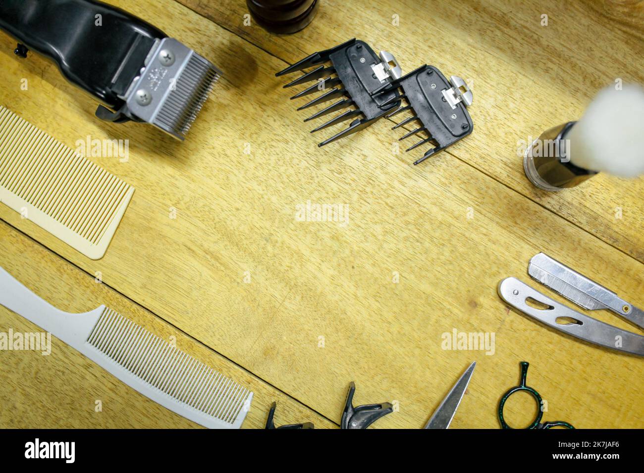 Top view of various professional barber tools on black background Stock ...