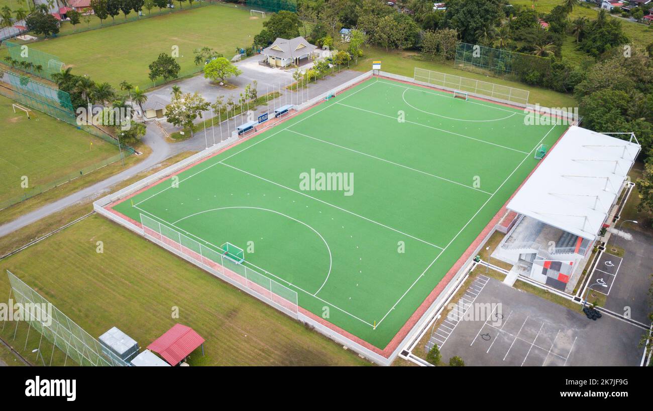 Aerial view of outdoor hockey field. The image contains soft focus ...