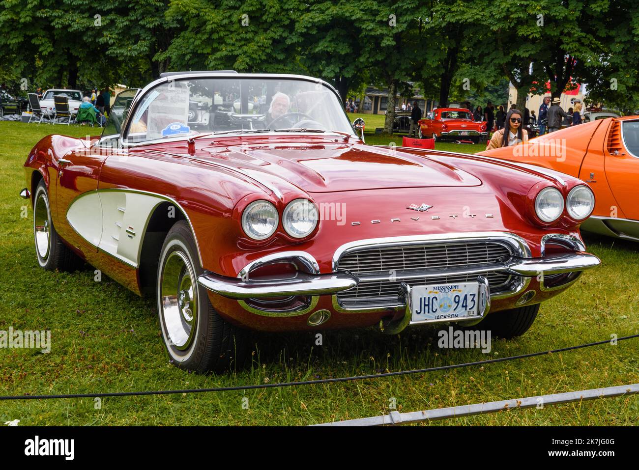 BADEN BADEN, GERMANY - JULY 2019: red white CHEVROLET CORVETTE C1 ...
