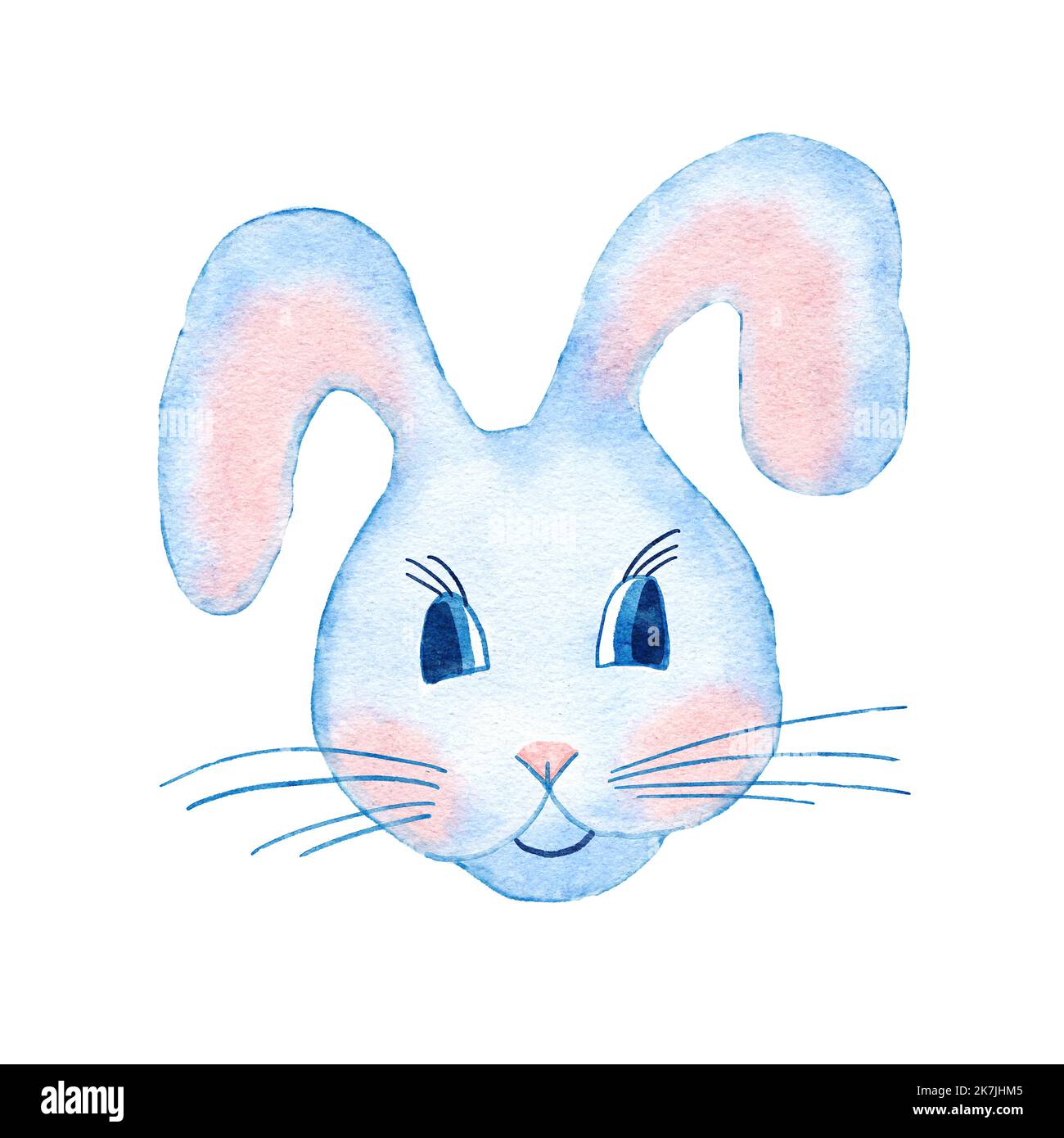 Watercolor hand drawn illustration of cute blue pink rabbit Easter ...