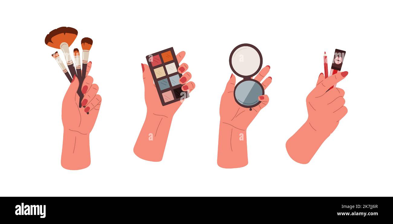 Female hands holds brushes,lipstick with pencil,eye shadows.Vector ...
