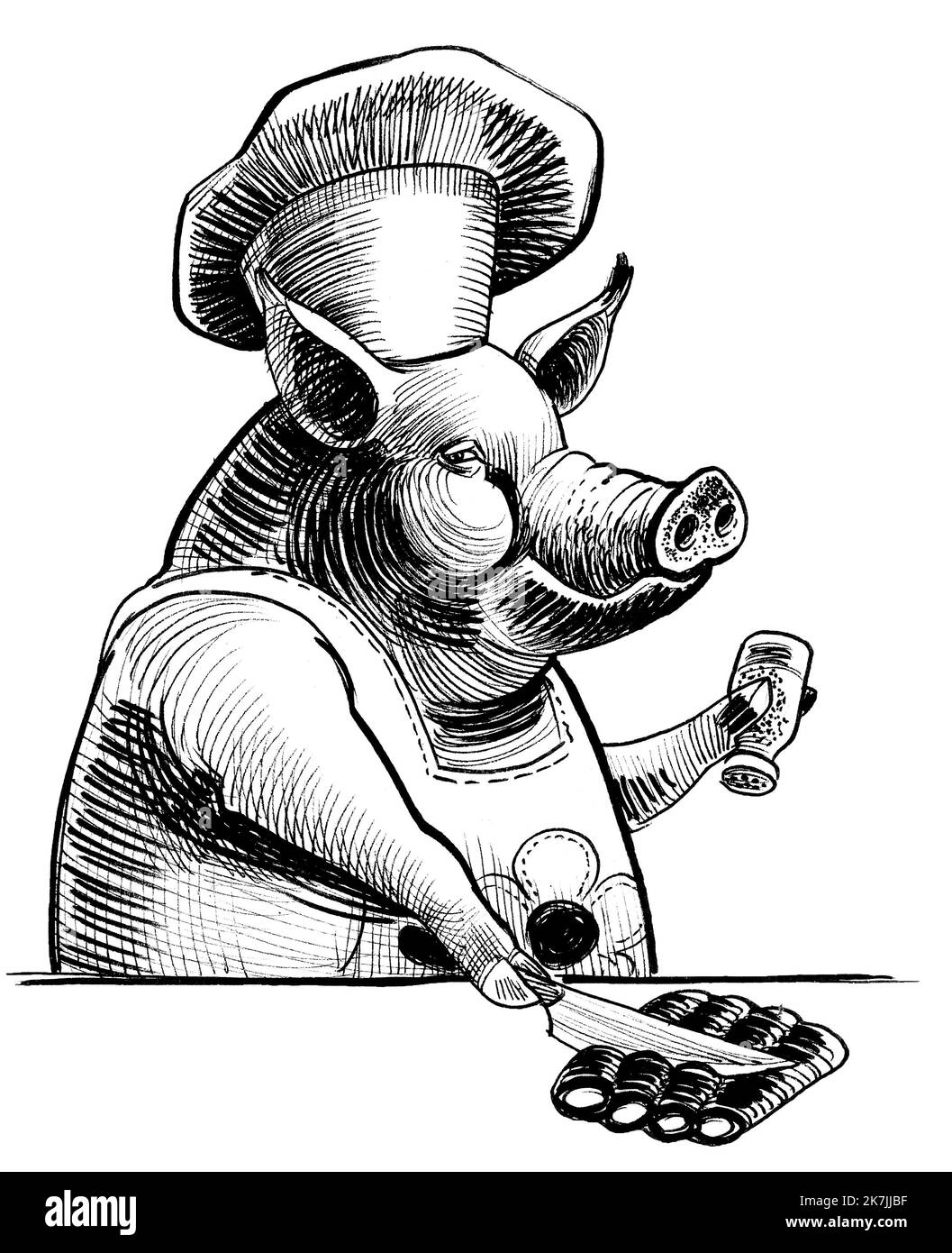 Pig in chef hat. Ink black and white drawing Stock Photo - Alamy