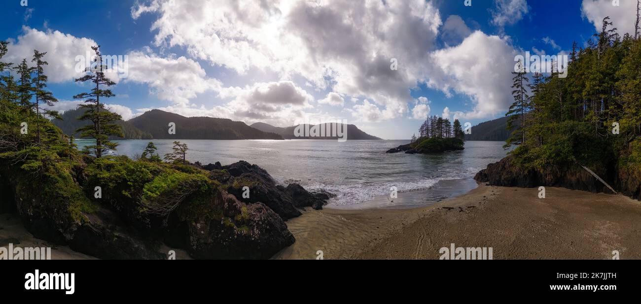 Sandy beach on Pacific Ocean Coast View. Sunny Blue Sky. San Josef Bay ...