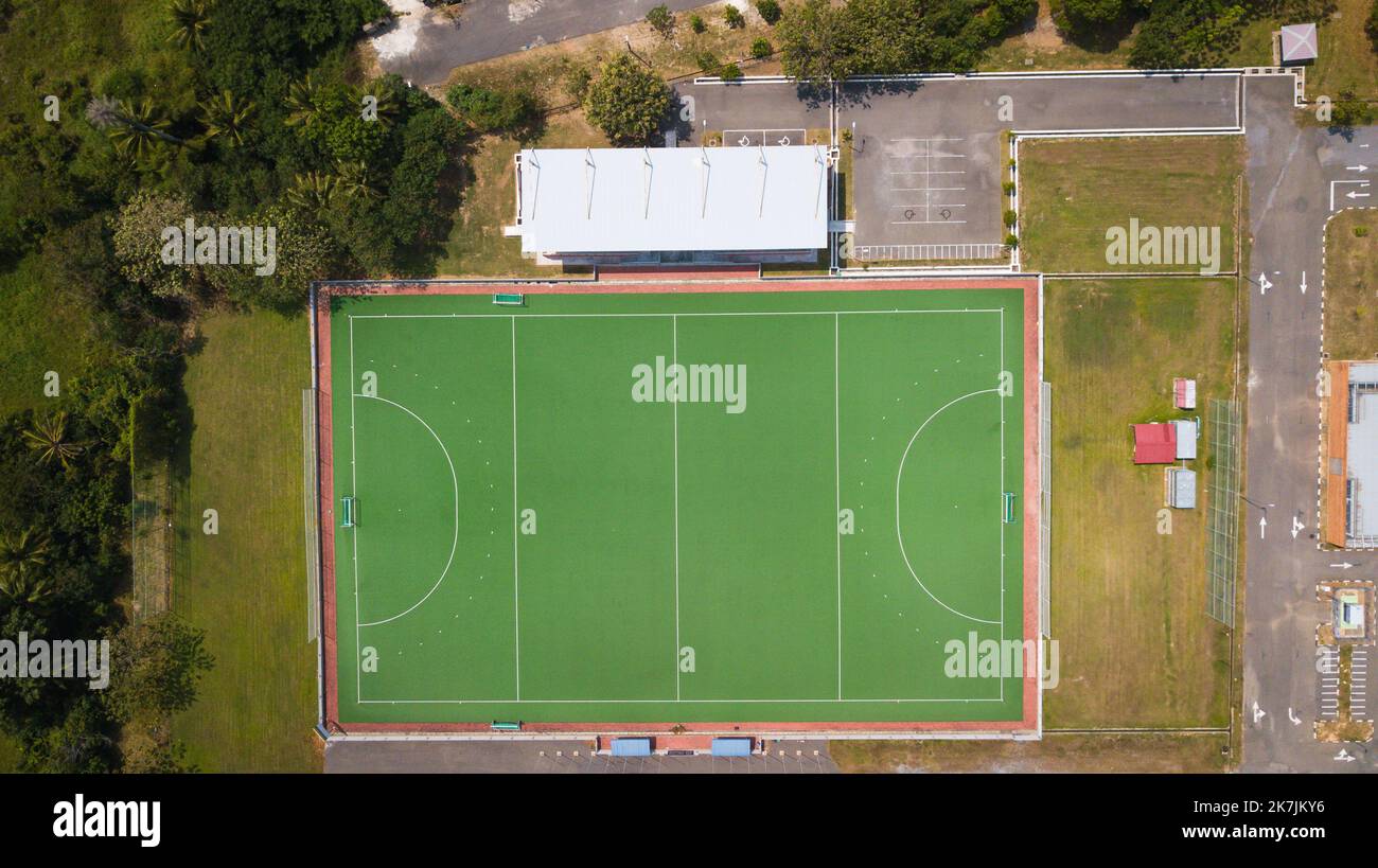 Aerial view of outdoor hockey field. The image contains soft focus ...