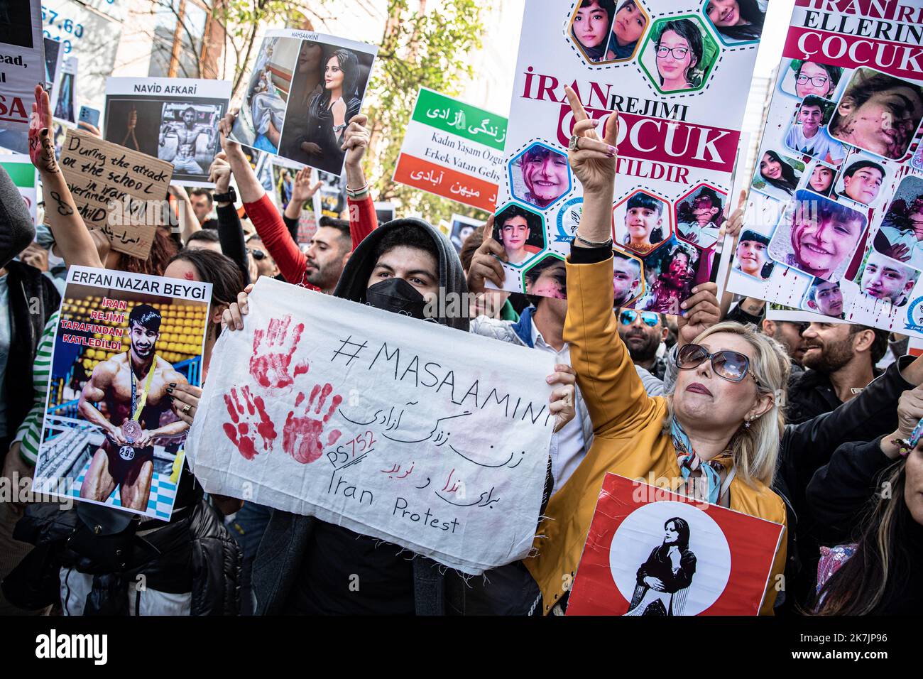 Istanbul, Turkey. 17th Oct, 2022. Protesters hold placards and chant ...