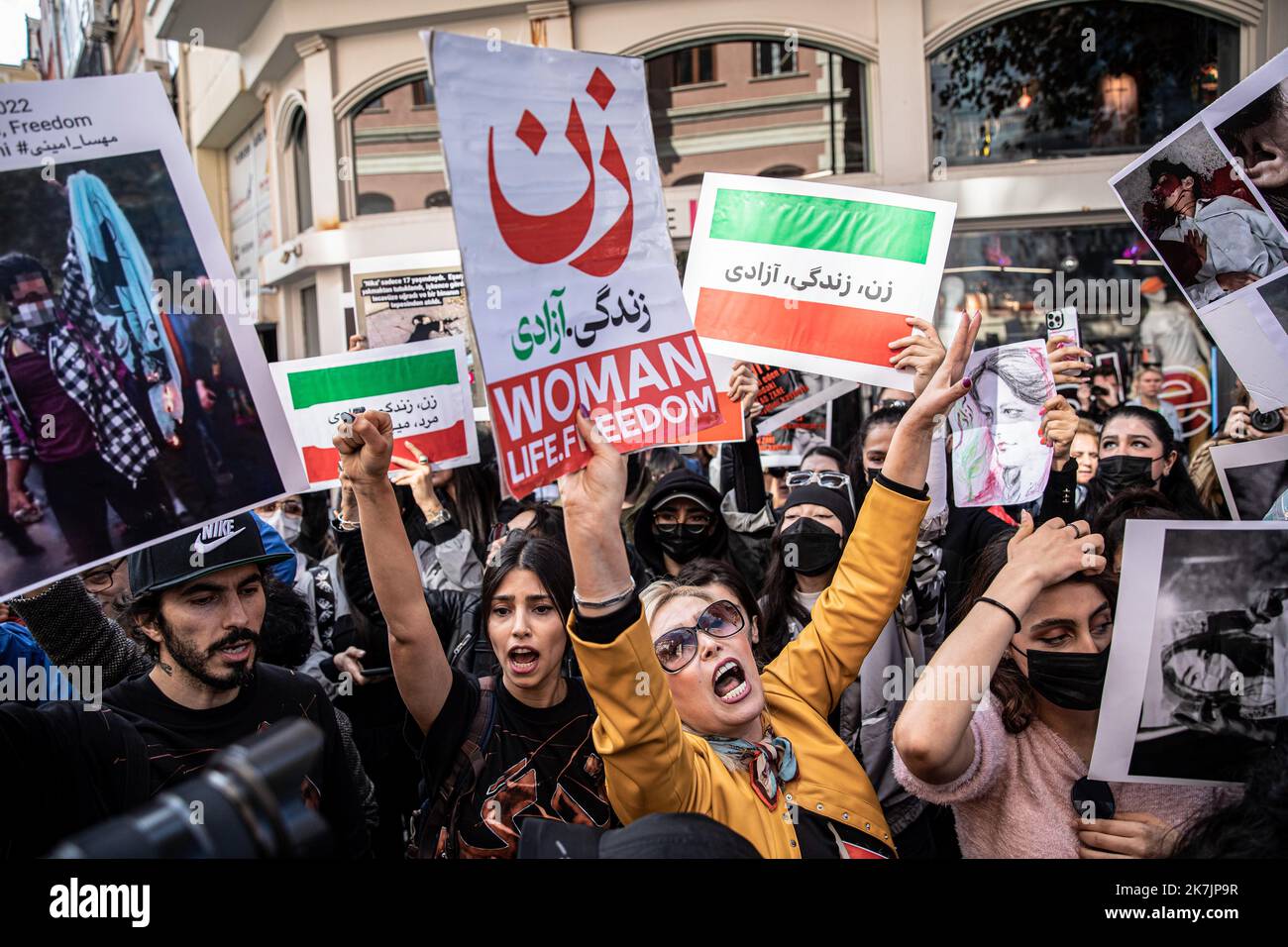 Istanbul, Turkey. 17th Oct, 2022. Protesters hold placards and chant ...