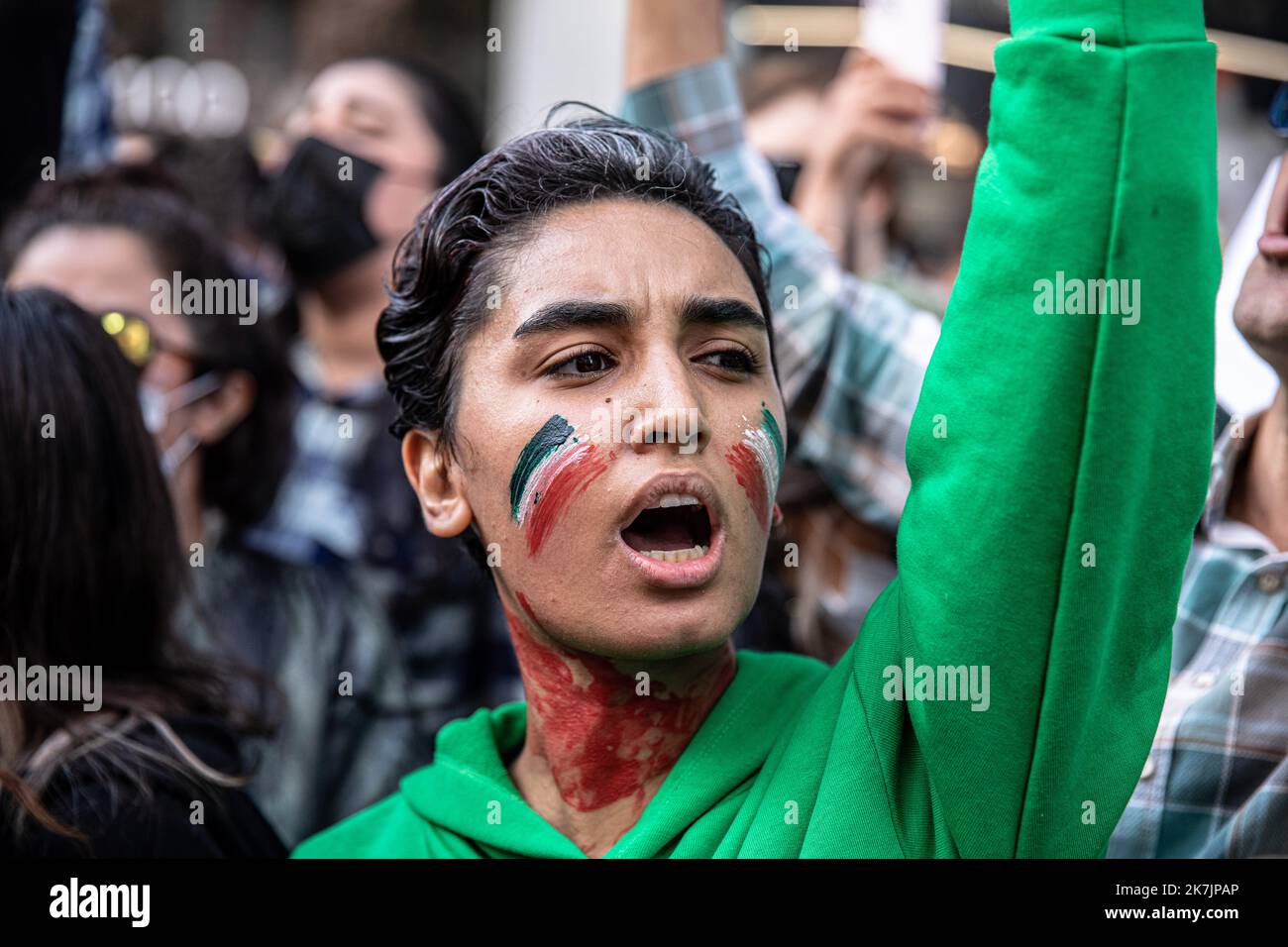 Istanbul, Turkey. 17th Oct, 2022. A protester with Iranian flag painted ...