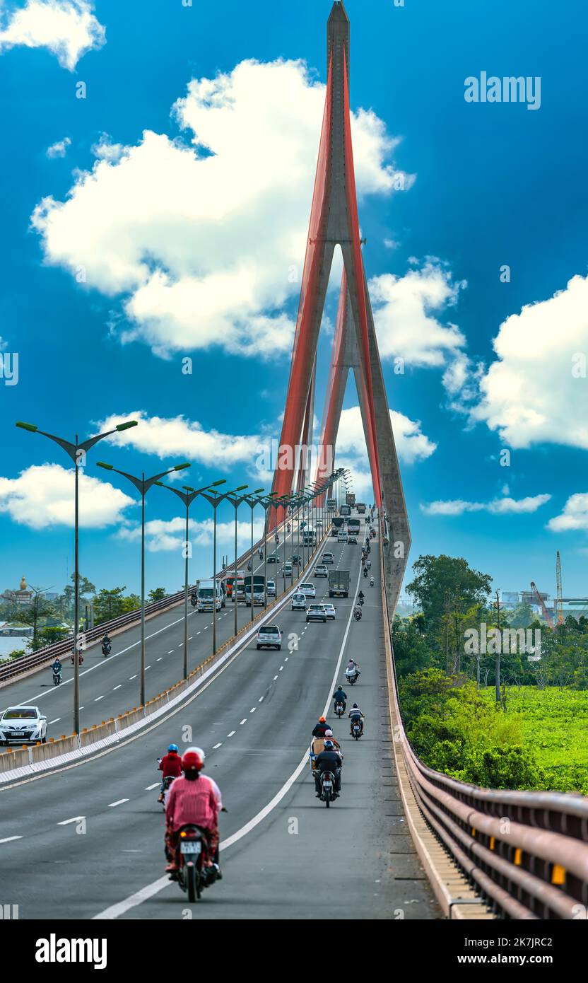 Heavy traffic on Can Tho bridge on summer afternoon . Can Tho bridge is ...