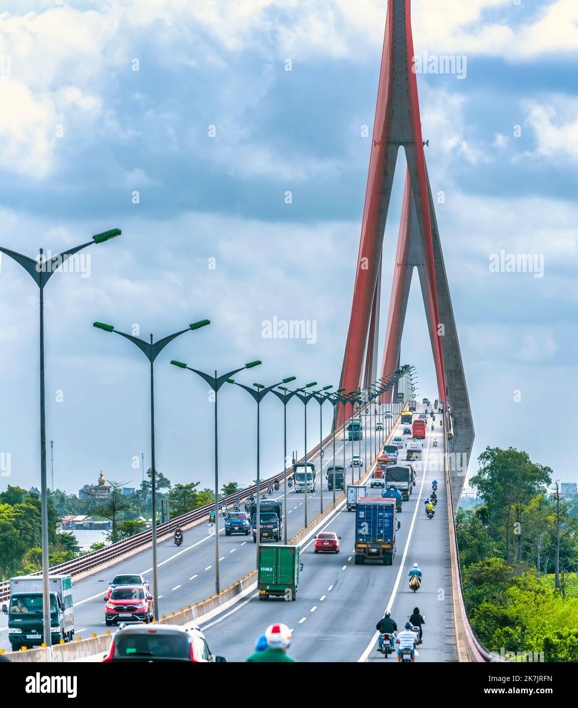 Heavy traffic on Can Tho bridge on summer afternoon . Can Tho bridge is ...