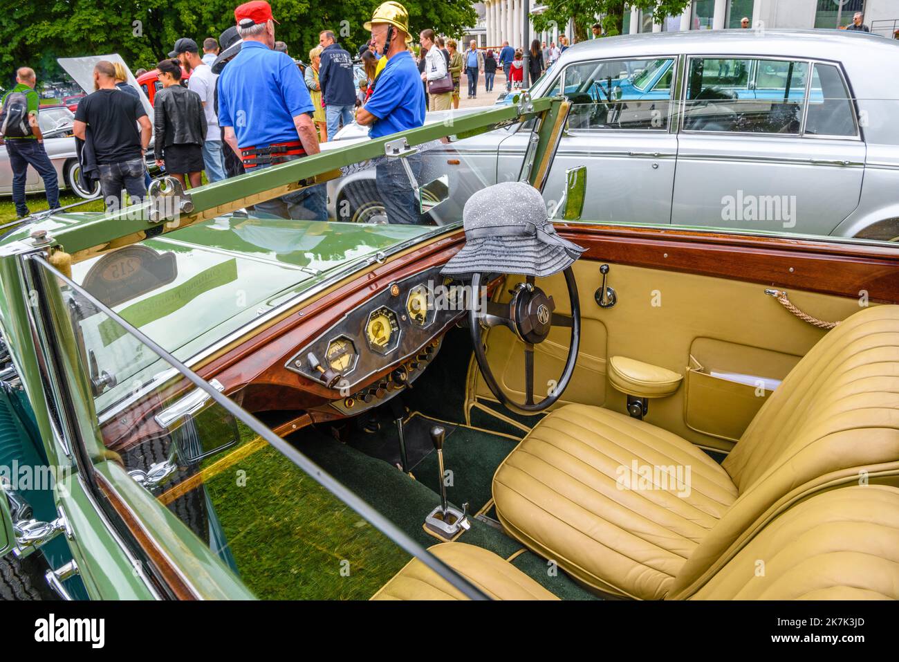 BADEN BADEN, GERMANY - JULY 2019: beige leather interior of green MG ...