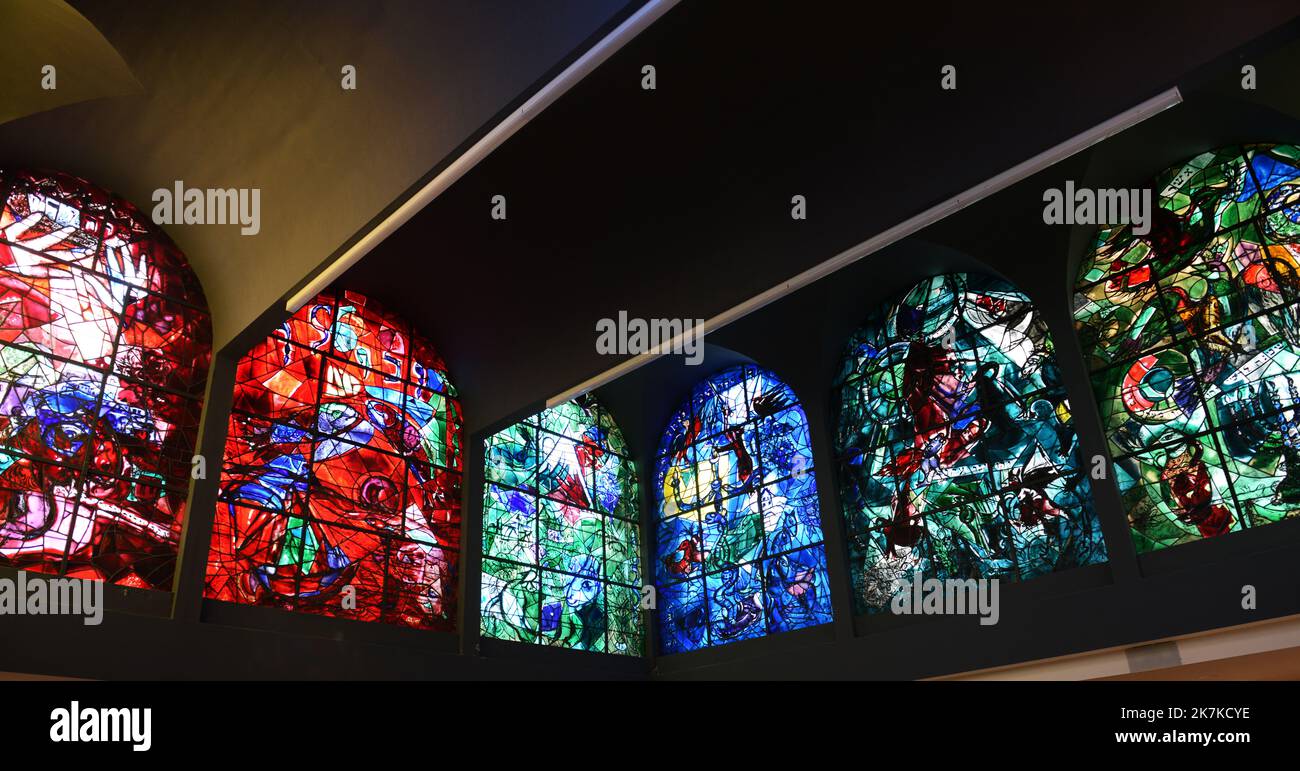 Stained glass Chagall Windows at the Abbell synagogue at the Hadassah ...