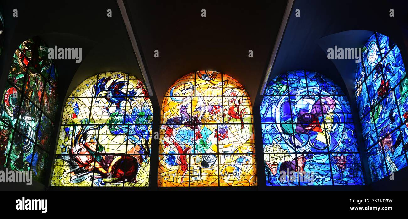 Stained glass Chagall Windows at the Abbell synagogue at the Hadassah ...
