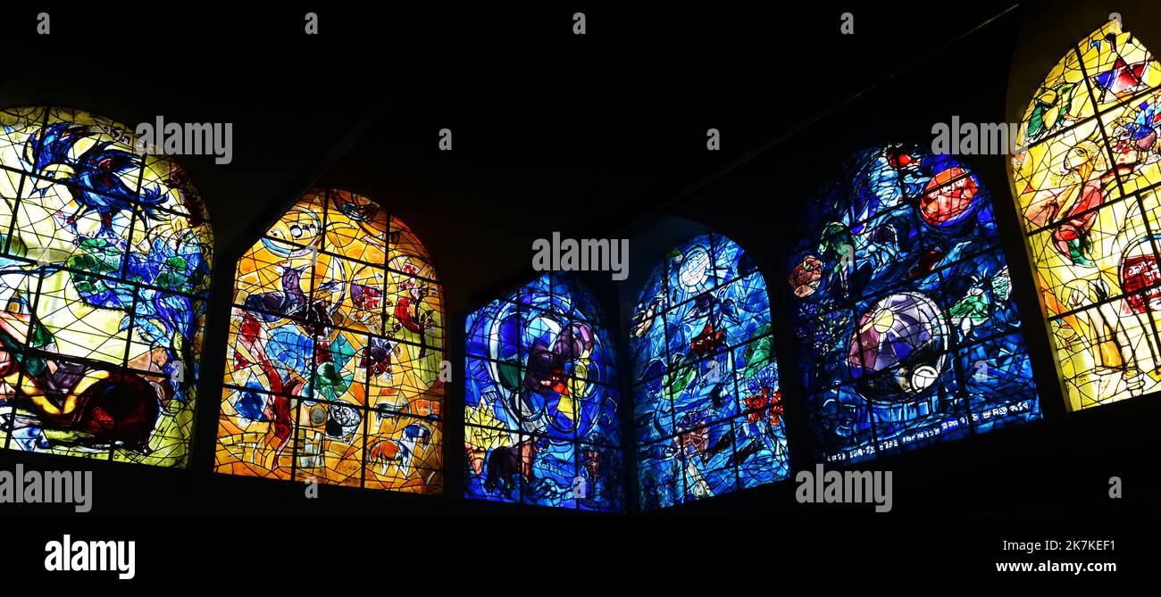 Stained glass Chagall Windows at the Abbell synagogue at the Hadassah ...