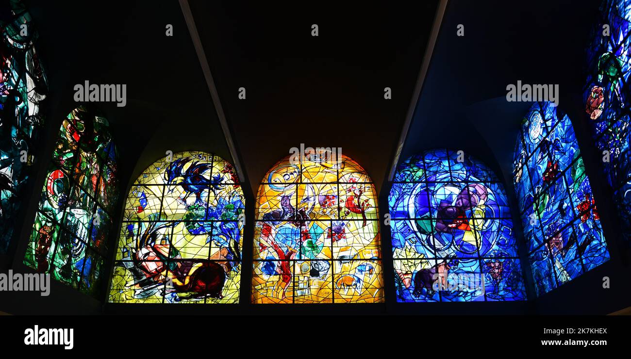 Stained glass Chagall Windows at the Abbell synagogue at the Hadassah ...