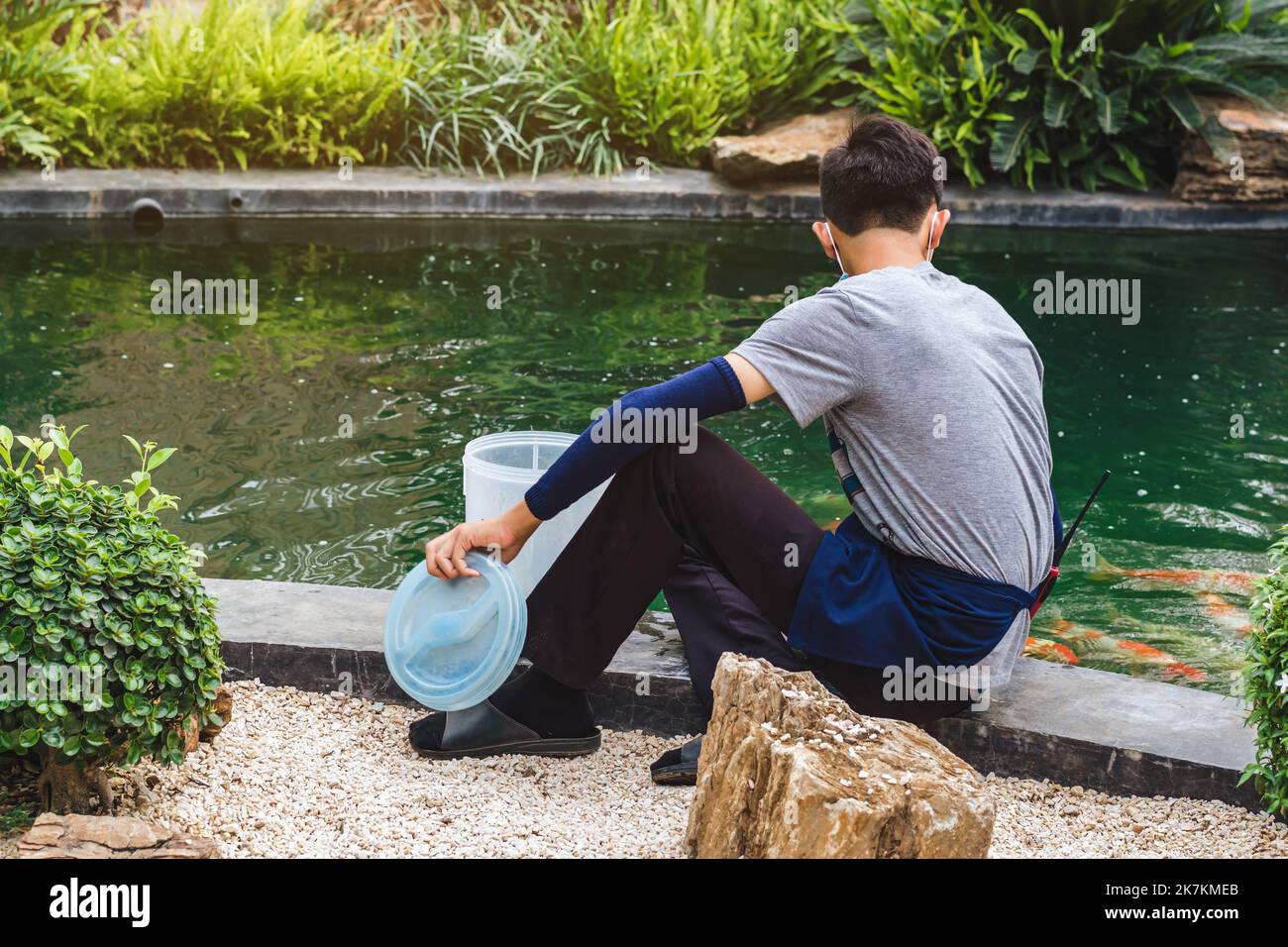 Asian male worker take care and feeding food by hand to his lovely pet ...