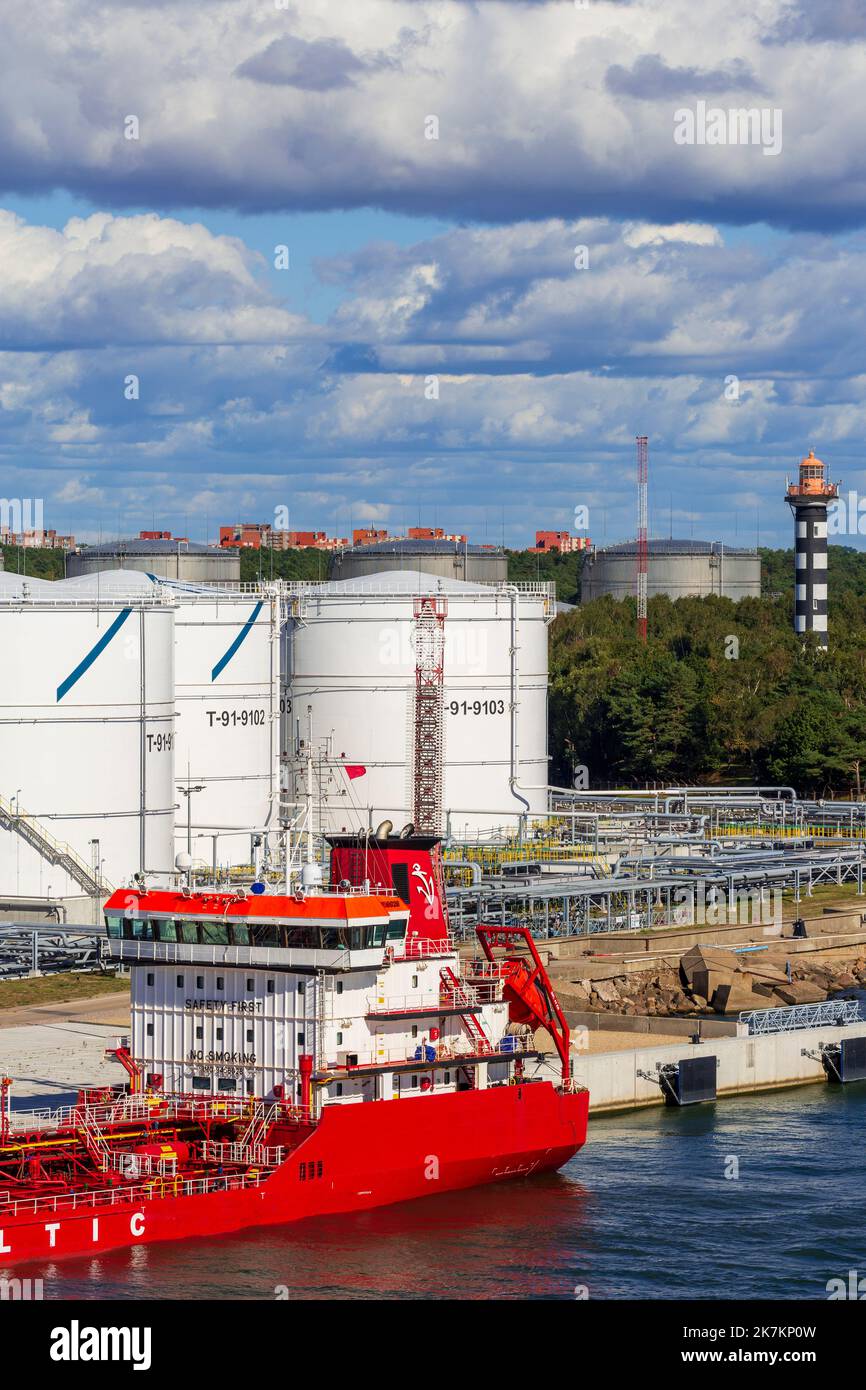 Oil tanker & Klaipeda Lighthouse, Eponymous County, Lithuania Stock ...