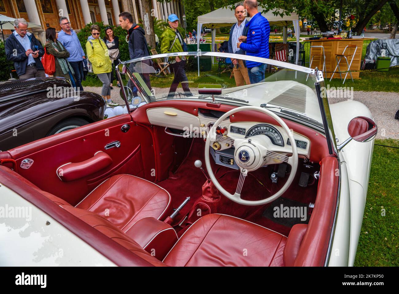 BADEN BADEN, GERMANY - JULY 2019: red leather interior of white beige ...