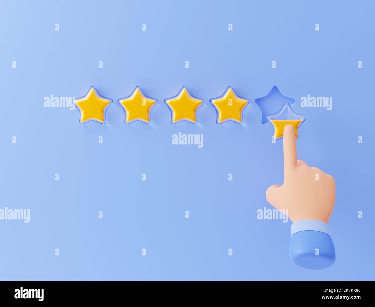 Customer feedback background with five gold rating stars and hand click ...