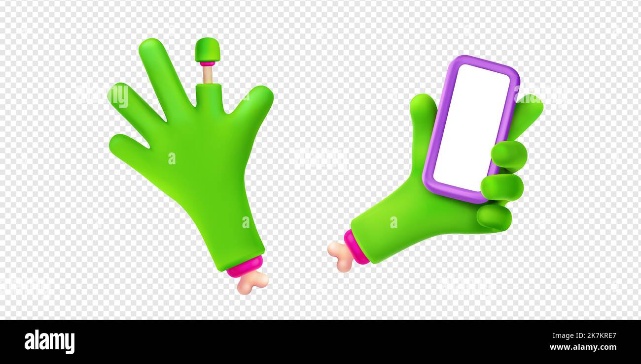 Green zombie hand holding mobile phone with blank screen. Halloween ...