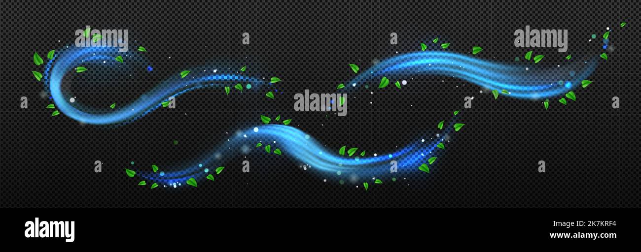 Blue wind flows, air swirls and waves with flying green leaves. Fresh ...