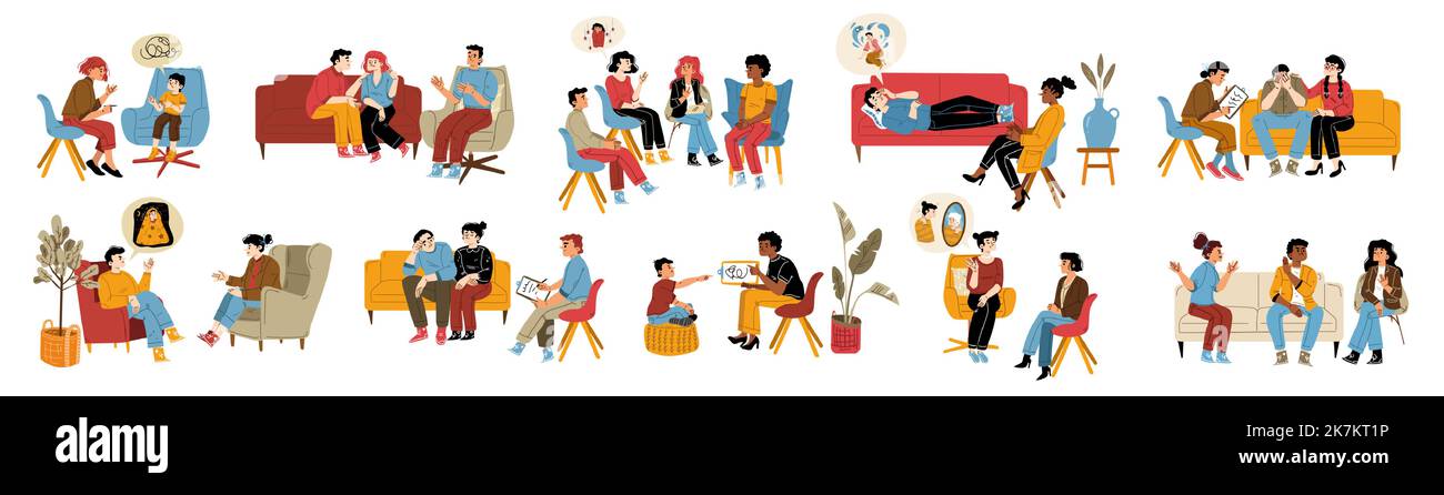 Mental therapy, health, psychotherapy session set. People visit ...