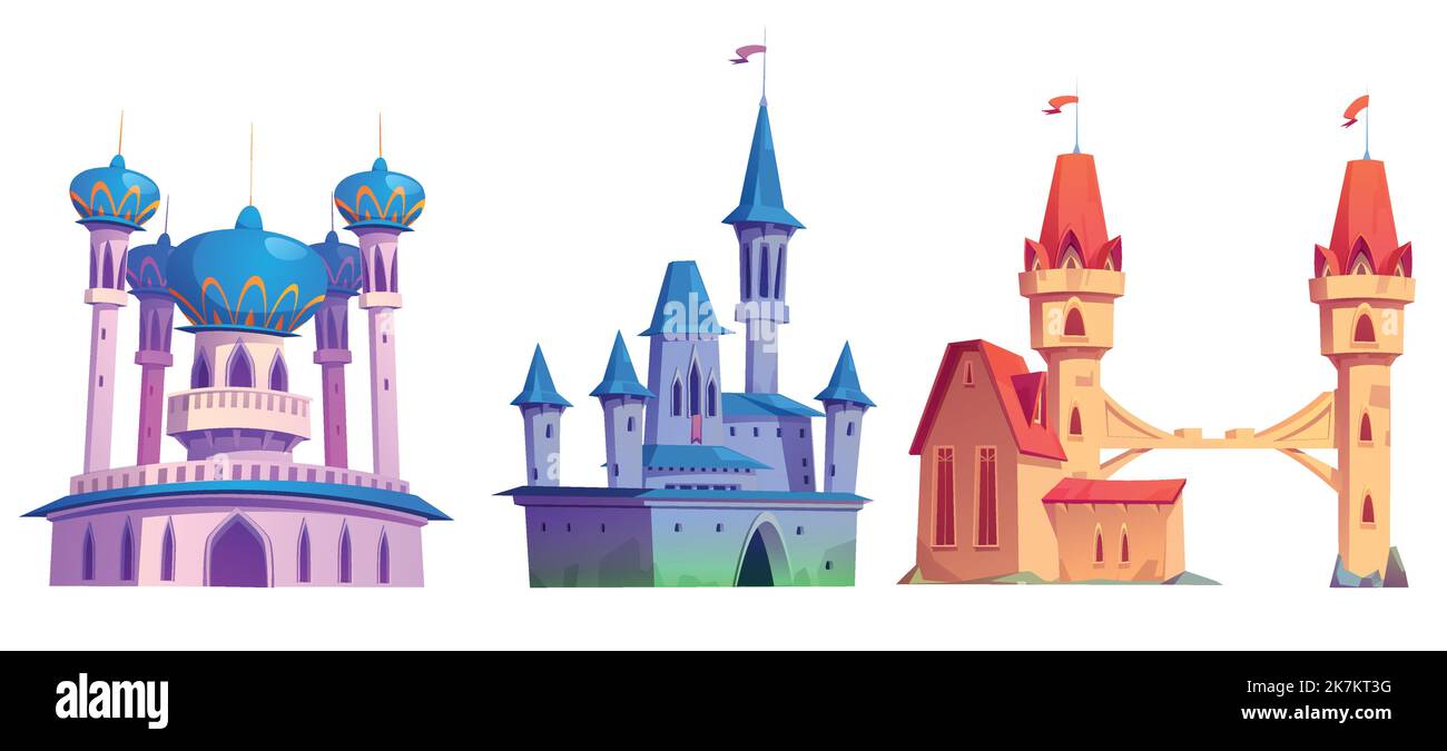 Magic castles, fairy tale palaces with turrets, flags, bridge and domes ...