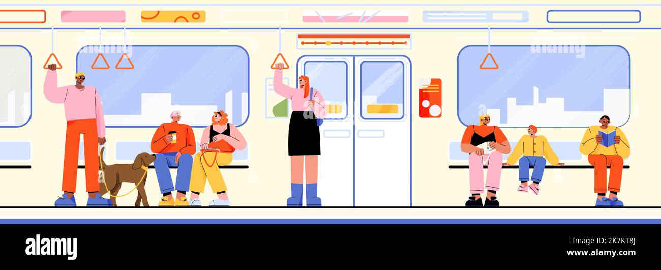 Subway train car with people inside. Diverse passengers, african ...