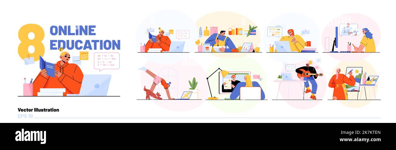 Online education scenes with people learning on Internet courses ...