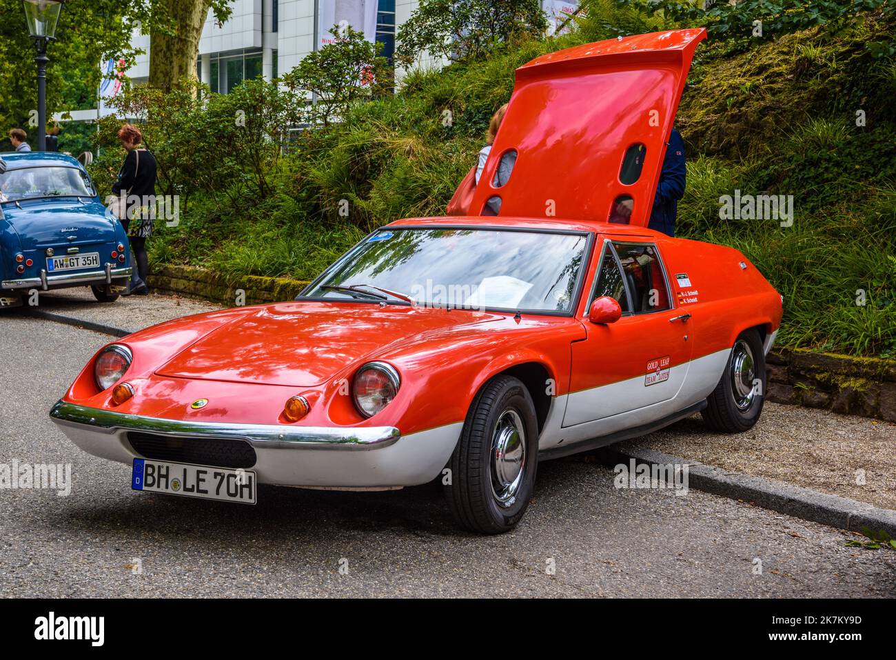 BADEN BADEN, GERMANY - JULY 2019: red white LOTUS EUROPA S1 coupe 1966 ...