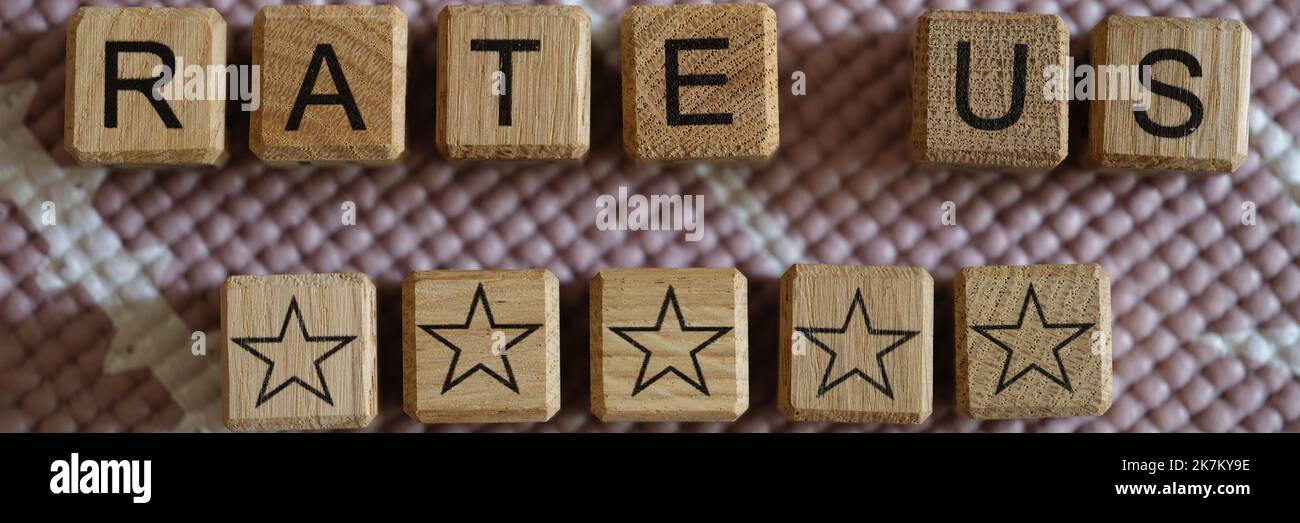 Rate us text and empty stars of customer recommendation Stock Photo - Alamy