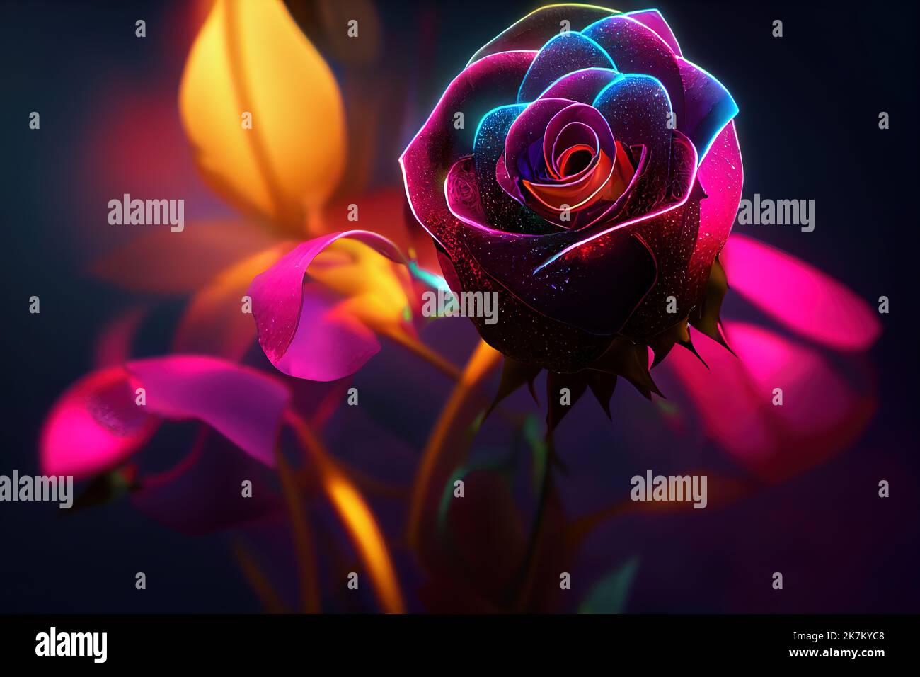 Fantasy magical dark background with magic rose flower reflection neon ...