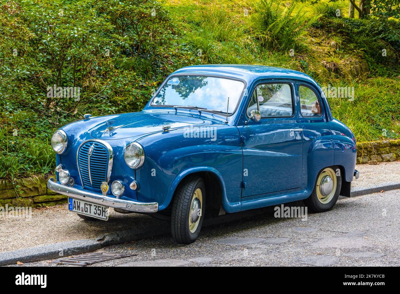 BADEN BADEN, GERMANY - JULY 2019: blue AUSTIN A30 small family car ...
