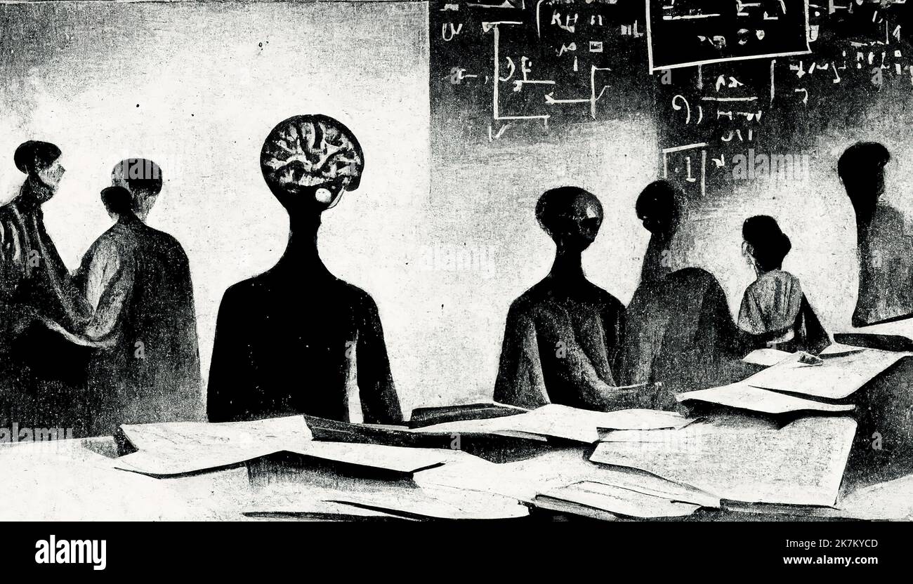 Black and white illustration of scientist brainstorm science meeting ...